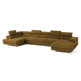 WOHNLANDSCHAFT VELORA L-S Gelb Velours-Stoff mit Schlaffunktion