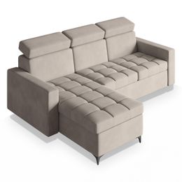 ECKSOFA KAME Beige Pl&uuml;sch-Stoff mit Schlaffunktion