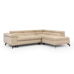 ECKSOFA mit Schlaffunktion und Bettkasten Bonnie aus Taupe Chenille-Stoff mit verstellbaren Kopfst&uuml;tzen und Armlehne - Ottomane rechts