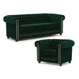 SITZGARNITUR 3+1 Chesterfield Cleo Blink Flasche Gr&uuml;n Samt mit Kristallsteppung und braunen Massivholzf&uuml;&szlig;en