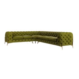 ECKSOFA Chesterfield Lexi Olive Samt, langer Schenkel rechts