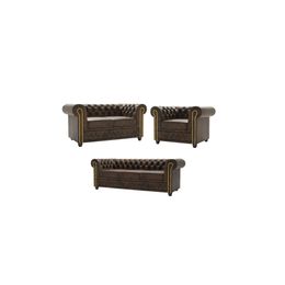 SITZGARNITUR mit Schlaffunktion 3+2+1 Chesterfield Flux Dunkelbraun Microfaser Vintageoptik