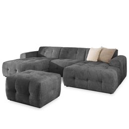 WOHNLANDSCHAFT inkl. Hocker Kozy im Bumpy-Design mit Schlaffunktion und fester R&uuml;ckenlehne aus weichem Grau Chenille-Stoff