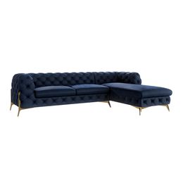 ECKSOFA Chesterfield Lexi Marineblau Samt, Ottomane rechts