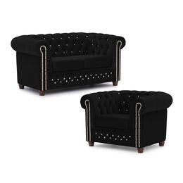 SITZGARNITUR 2+1 Chesterfield Cleo Blink Schwarz Samt mit Kristallsteppung und braunen Massivholzf&uuml;&szlig;en