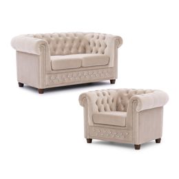 SITZGARNITUR 2+1 Chesterfield Cleo Blink Beige Samt mit Kristallsteppung und braunen Massivholzf&uuml;&szlig;en