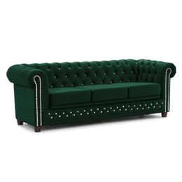 CHESTERFIELD-SOFA 3-Sitzer mit Schlaffunktion Cleo Blink Flasche Gr&uuml;n Samt mit Kristallsteppung und braunen Massivholzf&uuml;&szlig;en