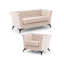 SITZGARNITUR 2+1 Chesterfield Whitby Beige Samt mit schwarzen F&uuml;&szlig;en