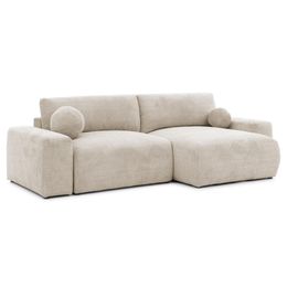 ECKSOFA Puffy mit Schlaffunktion und Bettkasten - besonders weich und puffig aus Beige Chenille-Stoff - Ottomane rechts