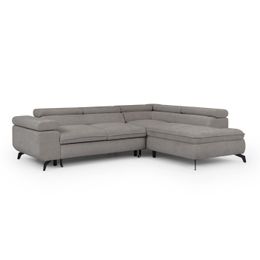 ECKSOFA mit Schlaffunktion und Bettkasten Bonnie aus Hellgrau Chenille-Stoff mit verstellbaren Kopfst&uuml;tzen und Armlehne - Ottomane rechts