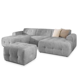 WOHNLANDSCHAFT inkl. Hocker Kozy im Bumpy-Design mit Schlaffunktion und fester R&uuml;ckenlehne aus weichem Hellgrau Chenille-Stoff