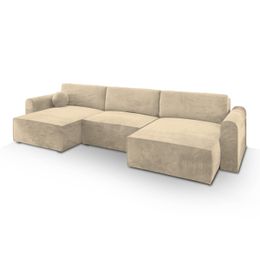 WOHNLANDSCHAFT FENTO M Creme Velours-Stoff mit Schlaffunktion