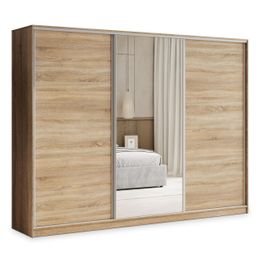 SCHWEBET&Uuml;RENSCHRANK TARI 235/205/58 cm 3-t&uuml;rig mit Spiegel und Schubladen Sonoma Eiche