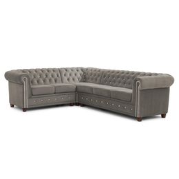 ECKSOFA Chesterfield Cleo Blink Grau Samt mit Kristallsteppung und braunen Massivholzf&uuml;&szlig;en - Ottomane Links