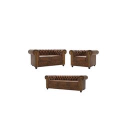 SITZGARNITUR mit Schlaffunktion 3+2+1 Chesterfield Flux Braun Microfaser Vintageoptik