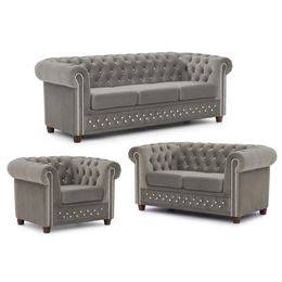 SITZGARNITUR 3+2+1 Chesterfield Cleo Blink Grau Samt mit Kristallsteppung und braunen Massivholzf&uuml;&szlig;en