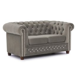 CHESTERFIELD-SOFA 2-sitzer Cleo Blink Grau Samt mit Kristallsteppung und braunen Massivholzf&uuml;&szlig;en