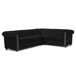 ECKSOFA Chesterfield Cleo Blink Schwarz Samt mit Kristallsteppung und braunen Massivholzf&uuml;&szlig;en - Ottomane Rechts