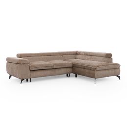 ECKSOFA mit Schlaffunktion und Bettkasten Bonnie aus Beige Cord-Stoff mit verstellbaren Kopfst&uuml;tzen und Armlehne - Ottomane rechts