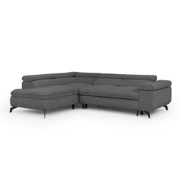ECKSOFA mit Schlaffunktion und Bettkasten Bonnie aus Grau Chenille-Stoff mit verstellbaren Kopfst&uuml;tzen und Armlehne - Ottomane links