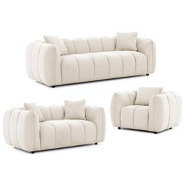 SITZGARNITUR 3+2+1 Nubira in tief gesteppter Bubble-Optik aus weichem Hellbeige Strukturstoff im modernen Design