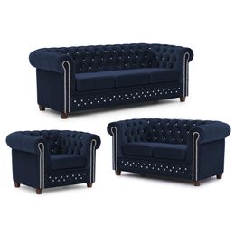 SITZGARNITUR 3+2+1 Chesterfield Cleo Blink Marineblau Samt mit Kristallsteppung und braunen Massivholzf&uuml;&szlig;en