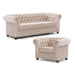SITZGARNITUR 3+1 Chesterfield Cleo Blink Beige Samt mit Kristallsteppung und braunen Massivholzf&uuml;&szlig;en