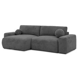 ECKSOFA Puffy mit Schlaffunktion und Bettkasten - besonders weich und puffig aus Grau Chenille-Stoff - Ottomane links