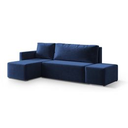ECKSOFA VELOTTI L-S Blau Pl&uuml;sch-Stoff mit Schlaffunktion