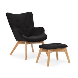 LOUNGESESSEL mit Fu&szlig;hocker Lenari Schwarz Cordstoff mit F&uuml;&szlig;en in Natur
