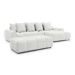 ECKSOFA inkl. Hocker Bubble mit Schlaffunktion und losen R&uuml;ckenkissen, Sitzfl&auml;che in Bubble-Optik aus weichem Creme Strukturstoff - Ottomane Rechts
