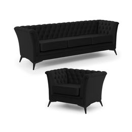SITZGARNITUR 3+1 Chesterfield Whitby Schwarz Samt mit schwarzen F&uuml;&szlig;en
