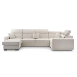 WOHNLANDSCHAFT CASTELLO Beige Pl&uuml;sch-Stoff mit Schlaffunktion