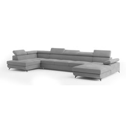 WOHNLANDSCHAFT MONTIVA Grau Velours-Stoff mit Schlaffunktion