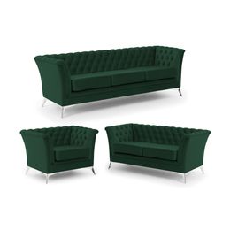 SITZGARNITUR 3+2+1 Chesterfield Whitby Flaschengr&uuml;n Samt mit silbernen F&uuml;&szlig;en