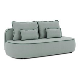 KINDERSOFA Vero im modernen und abgerundeten Design mit Schlaffunktion und Bettkasten aus Blaugrau Pl&uuml;schstoff mit petrolfarbener Paspel
