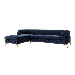 ECKSOFA Chesterfield Lexi Marineblau Samt, Ottomane links