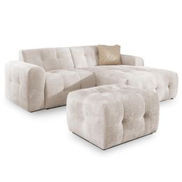 ECKSOFA inkl. Hocker Kozy im Bumpy-Design mit Schlaffunktion und fester R&uuml;ckenlehne aus weichem Beige Chenille-Stoff - Ottomane rechts