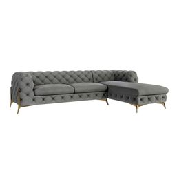 ECKSOFA Chesterfield Lexi Grau Samt, Ottomane rechts