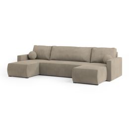 WOHNLANDSCHAFT TESSUN Beige Pl&uuml;sch-Stoff mit Schlaffunktion
