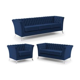 SITZGARNITUR 3+2+1 Chesterfield Whitby Marineblau Samt mit silbernen F&uuml;&szlig;en