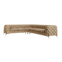 ECKSOFA Chesterfield Lexi Beige Samt, langer Schenkel rechts