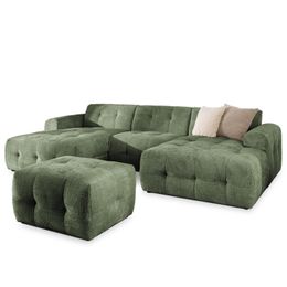 WOHNLANDSCHAFT inkl. Hocker Kozy im Bumpy-Design mit Schlaffunktion und fester R&uuml;ckenlehne aus weichem Gr&uuml;n Chenille-Stoff