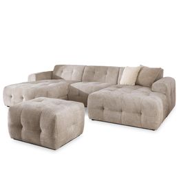 WOHNLANDSCHAFT inkl. Hocker Kozy im Bumpy-Design mit Schlaffunktion und fester R&uuml;ckenlehne aus weichem Dunkelbeige Chenille-Stoff