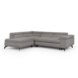 ECKSOFA mit Schlaffunktion und Bettkasten Bonnie aus Hellgrau Chenille-Stoff mit verstellbaren Kopfst&uuml;tzen und Armlehne - Ottomane links