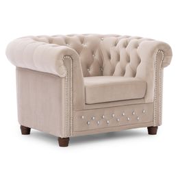 CHESTERFIELD-SESSEL Cleo Blink Beige Samt mit Kristallsteppung und braunen Massivholzf&uuml;&szlig;en