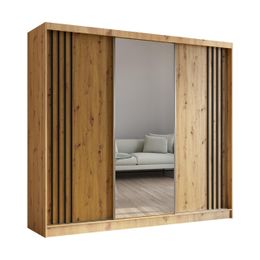 SCHWEBET&Uuml;RENSCHRANK NELVIA 240/216/61 cm 3-t&uuml;rig mit Spiegel Eiche Artisan