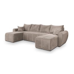 WOHNLANDSCHAFT MADISON U Beige Pl&uuml;sch-Stoff mit Schlaffunktion