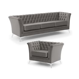 SITZGARNITUR 3+1 Chesterfield Whitby Grau Samt mit silbernen F&uuml;&szlig;en