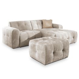 ECKSOFA inkl. Hocker Kozy im Bumpy-Design mit Schlaffunktion und fester R&uuml;ckenlehne aus weichem Dunkelbeige Chenille-Stoff - Ottomane rechts